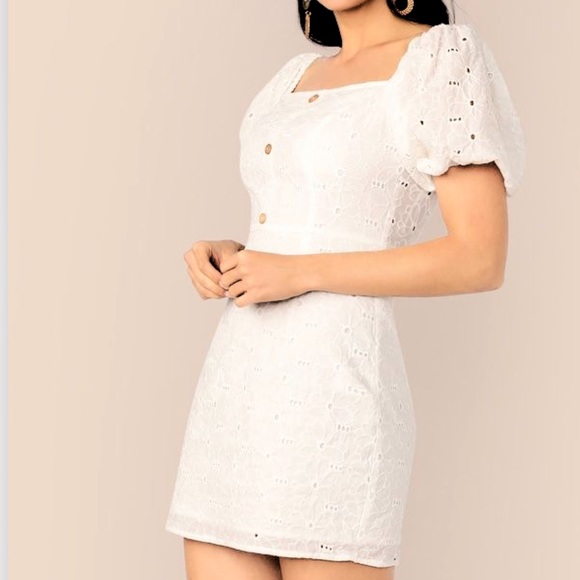 SHEIN | Dresses | Shein Puff Sleeve Eyelet Mini Dress With Buttons ...
